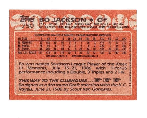 Bo Jackson 1988 Topps #750 Kansas City Royals, 2nd Year Card ...
