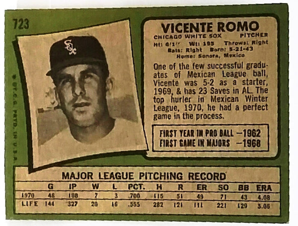 Vicente Romo Rare High Number SP 1971 Topps #723, Pitcher, White Sox ...
