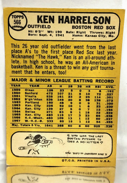 Ken "Hawk" Harrelson 1968 Topps #566 Outfield, Boston Red Sox, NM, HOF ...