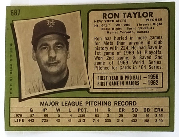 ULTRA RARE 1971 Topps #687 Short Print (SP) Ron Taylor, Pitcher, Mets ...