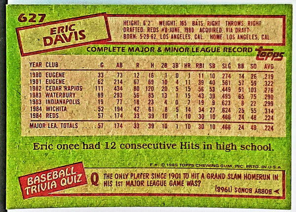 Eric Davis Rookie 1985 Topps #627 Reds All-Star 30/30 Power/Speed ...