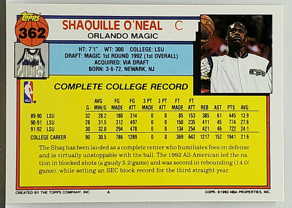 Shaquille O'Neal Rookie 1992 Topps #362 Orlando Magic, Lakers NBA HOF ...