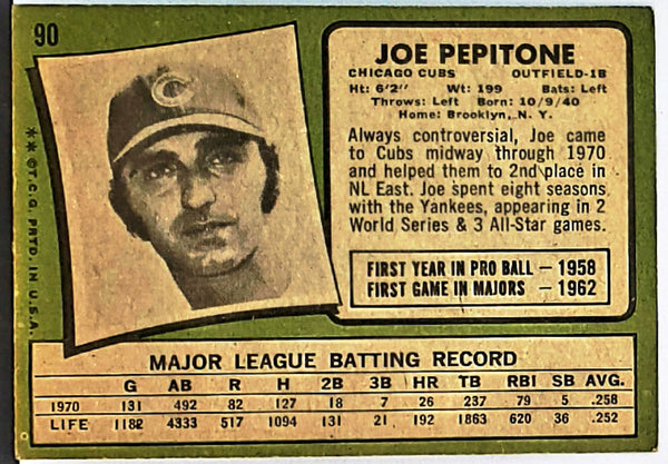 Joe Pepitone 1971 Topps #90 Outfield, 1st Base, Chicago Cubs, Yankees ...